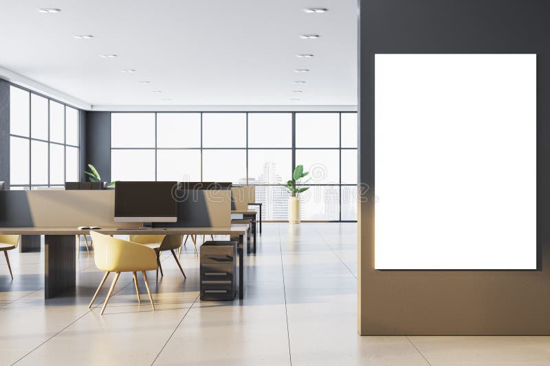 Modern Office Interior with Partitioned Desks, Chairs, and Large Window ...