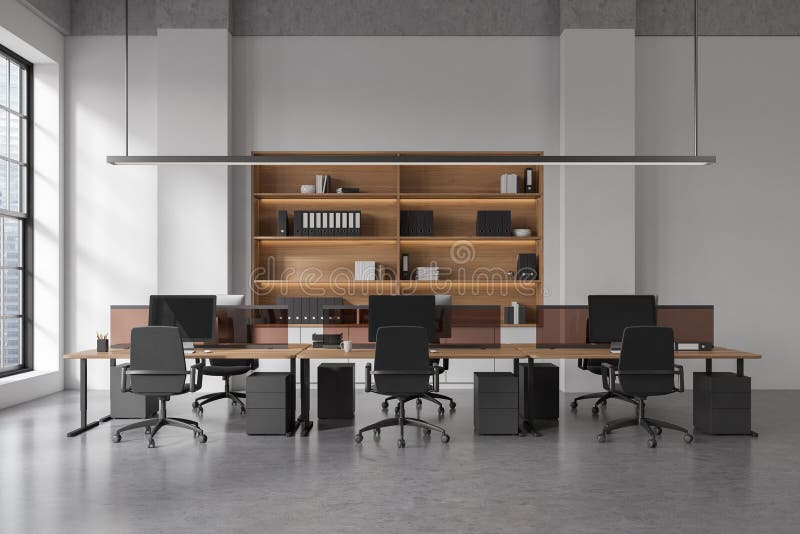 Modern Office Interior with Pc Computer and Shelf Near Panoramic Window ...