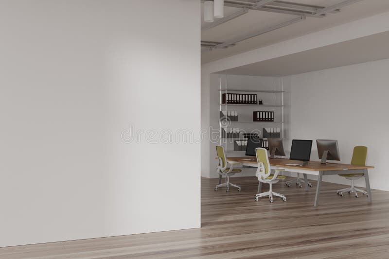 Modern Office Interior with Pc Monitors, Shelf with Folders and Mockup ...