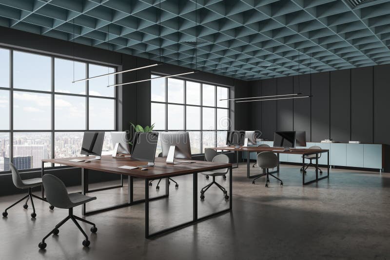 Modern Office Interior with Pc Monitors and Sideboard, Panoramic Window ...