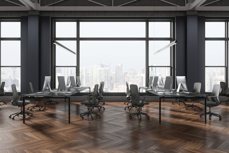 Modern Office Interior with Pc Monitors on Work Desk, Panoramic Window ...