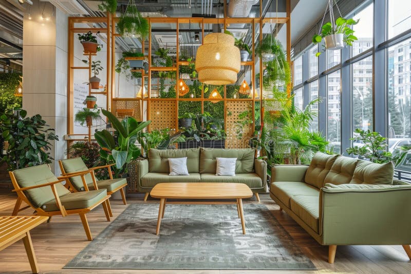 Modern Office Interior with Plants Stock Photo - Image of decorative ...