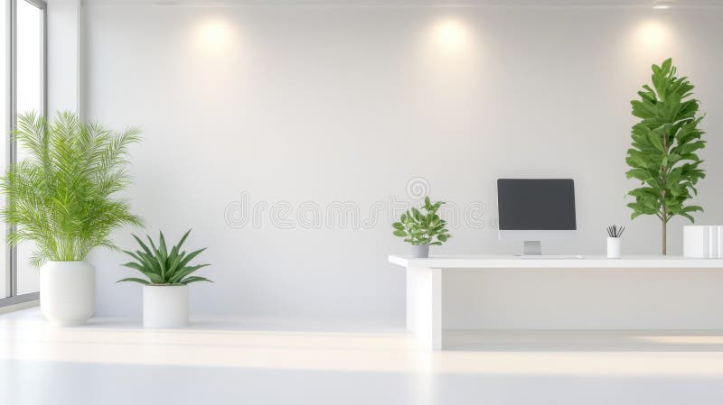 Modern Office Interior with Plants, Desk, and Computer Stock ...