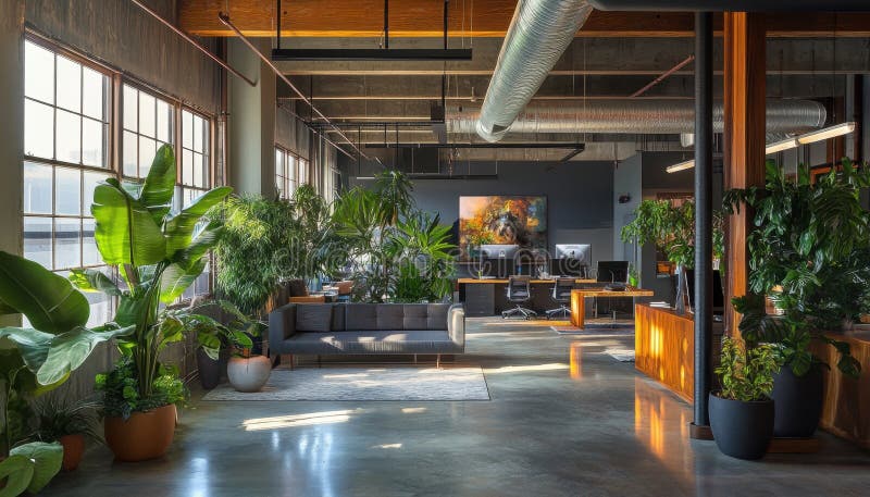 Modern Office Interior with Plants and Workspaces during Sunlight in an ...