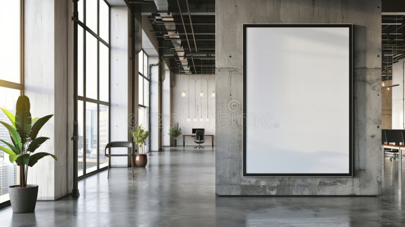 In a Modern Office Interior, a Poster Frame Sits on a Concrete Wall ...