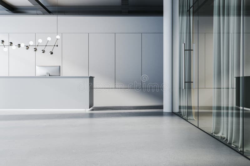 Modern Office Interior with Reception Desk, Glass Partitions and ...