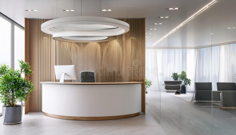 Modern Office Interior with Reception Desk, Glass Partitions and ...