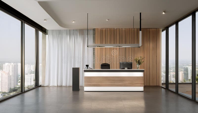 Modern Office Interior with Reception Desk, Glass Partitions and ...