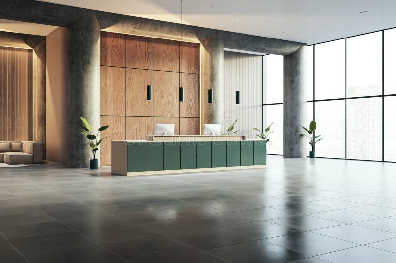 Modern Office Interior with Reception Desk, Wood Paneling, and Large ...