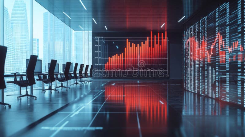 Modern Office Interior with Red and Blue Data Visualization Stock ...