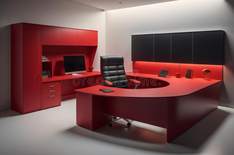 Modern Office Interior with Red Desk and Computer. Ai Generated Stock ...