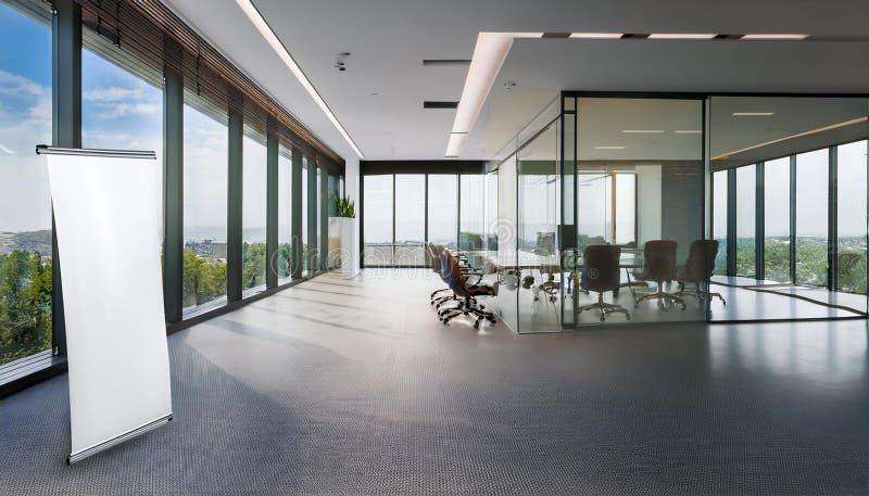 Modern Office Interior with Roll-up Banner in Front of Glass-walled ...