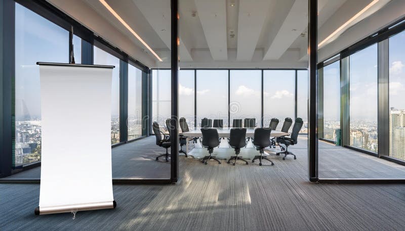 Modern Office Interior with Roll-up Banner in Front of Glass-walled ...