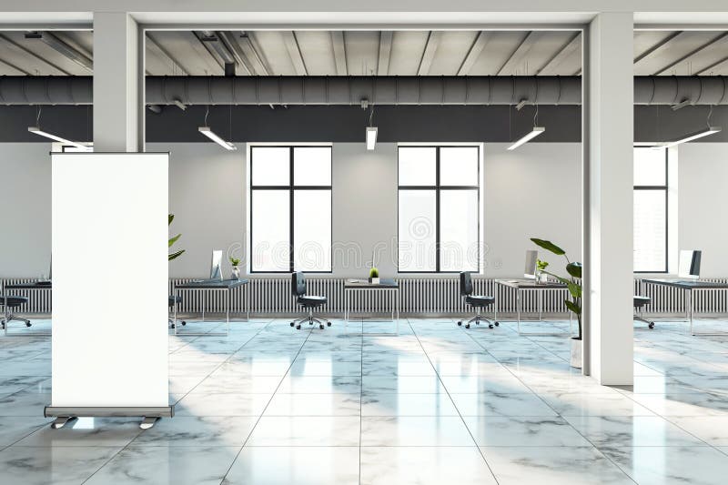 Modern Office Interior with Roll-up Stand in Focus. 3D Rendering Stock ...
