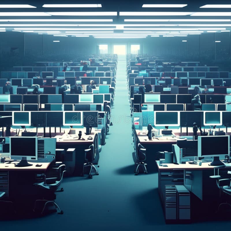 Modern Office Interior with Rows of Computer Monitors, 3d Render ...