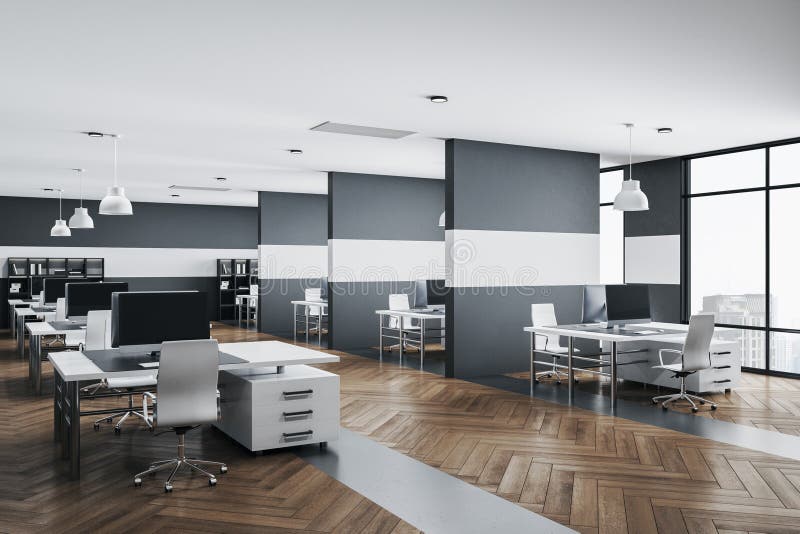 Modern Office Interior with Rows of Computer Tables Stock Illustration ...