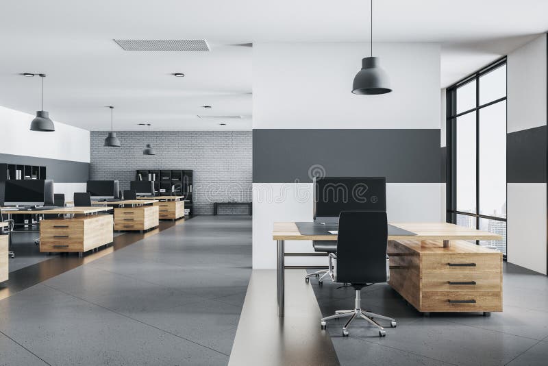 Modern Office Interior with Rows of Computer Tables Stock Illustration ...