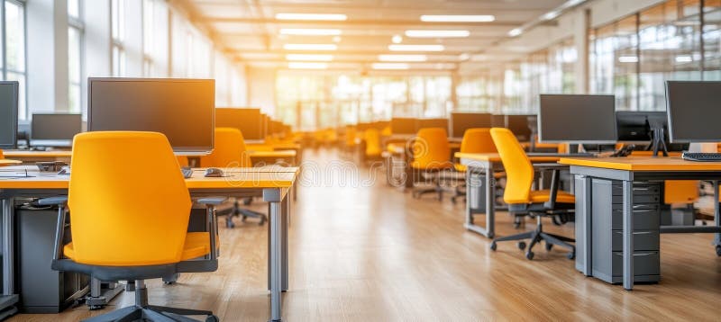 Modern Office Interior with Rows of Desks, Computers and Yellow Office ...