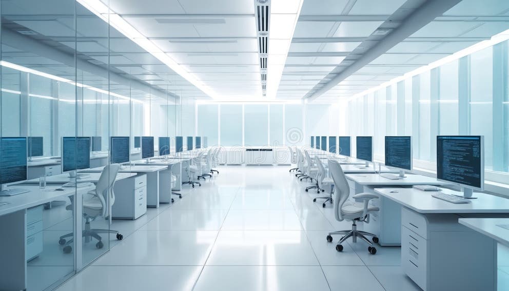 Modern Office Interior with Rows of Desks Featuring Computer Monitors ...