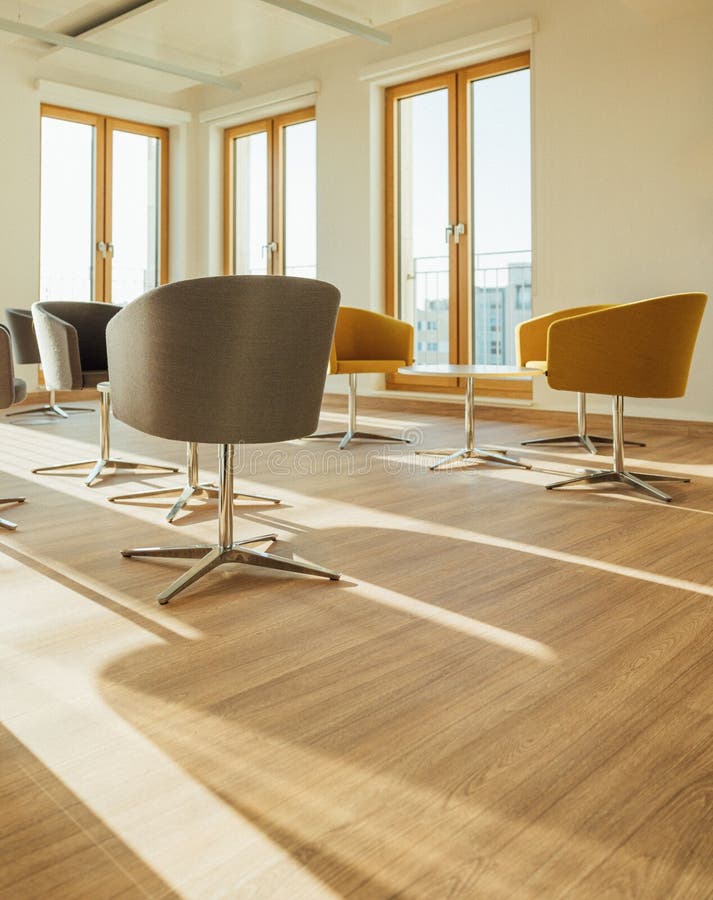 Modern Office Interior with Several Chairs Arranged Around Tables Stock ...