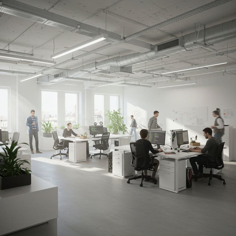 Modern Office Interior with Several People Working at Desks with ...
