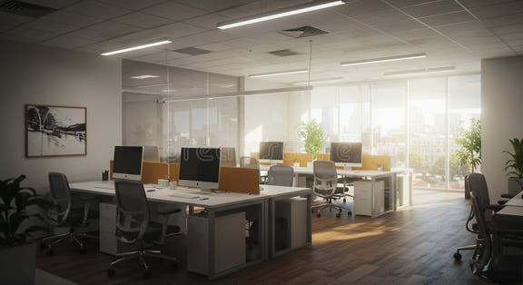 Modern Office Interior with Several Workstations Featuring Computers ...