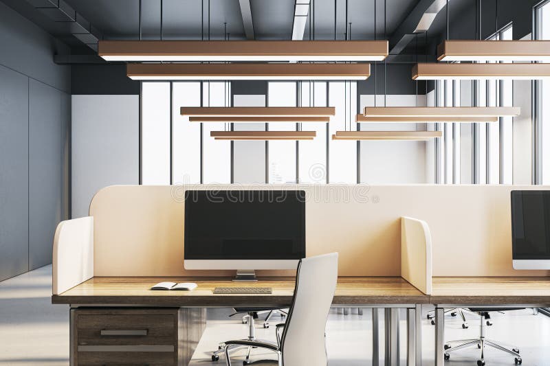 Modern Office Interior with Shared Desks, Computers, and Light Fixtures ...