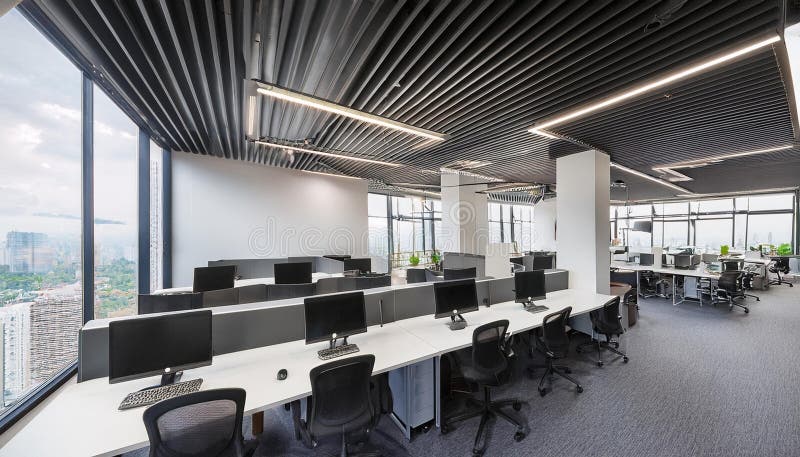 Modern Office Interior with Shared Desks, Computers, and Light Fixtures ...