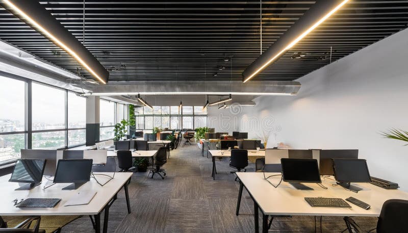 Modern Office Interior with Shared Desks, Computers, and Light Fixtures ...