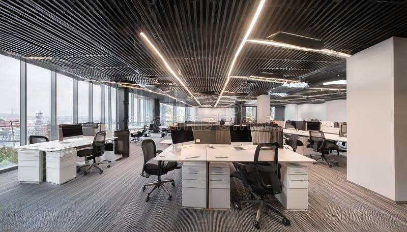 Modern Office Interior with Shared Desks, Computers, and Light Fixtures ...