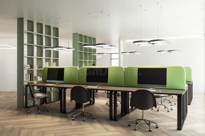 Modern Office Interior with Shared Workspace and Green Partitions. 3D ...