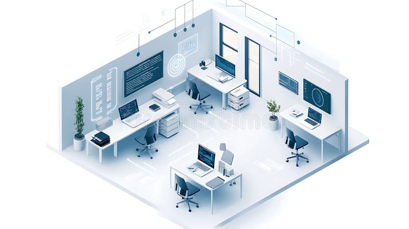 Isometric Office Space Design for Business Interior with Computer Desks and Modern Technology ...