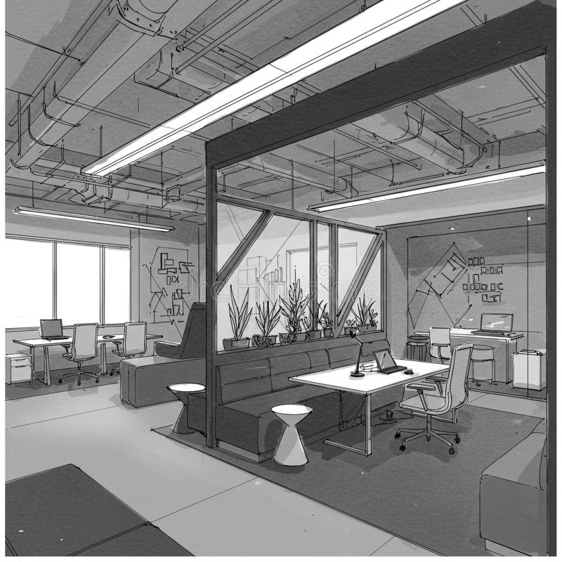 Modern Office Interior Sketch Featuring an Open-plan Layout. Black-and ...