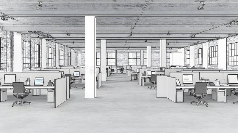 Modern Office Interior Sketch Spacious Workspace Design Stock ...