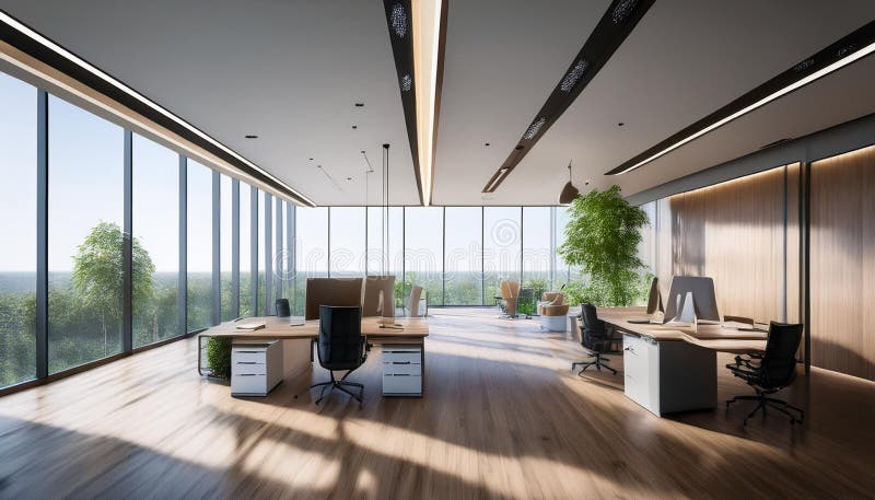 Modern Office Interior with Sleek Design and Ample Natural Light. 3D ...