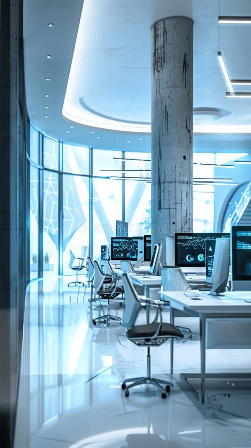 Modern Office Interior with Sleek Desks and Computers. Large Windows ...