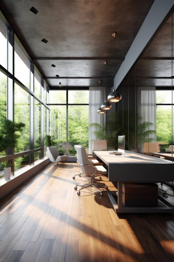 Modern Office Interior with Sleek Furniture and Large Windows Stock ...