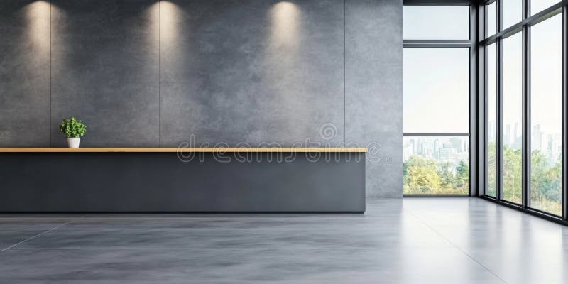 Modern Office Interior with a Sleek Reception Desk and Large Windows ...