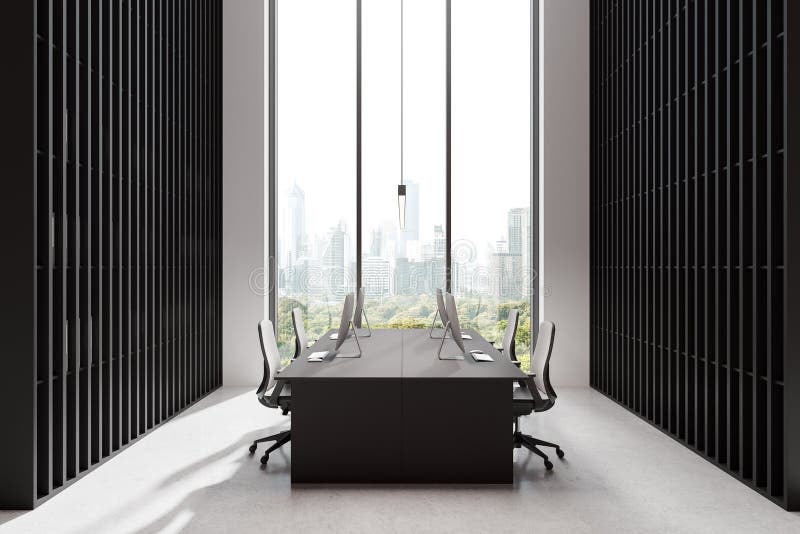 Modern Office Interior with Sleek Workstations, Large Windows, and City ...