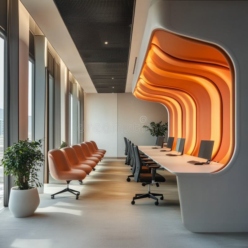 A Modern Office Interior with Sleek Workstations, Orange Accent ...