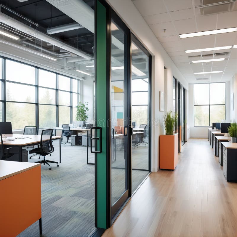 Modern Office Interior with Sliding Glass Doors and Open Workspace ...