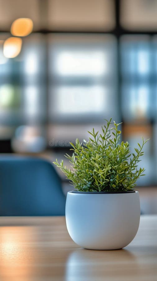 Modern Office Interior with a Small Potted Plant on a Table and Blurred ...