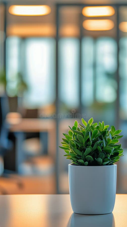 Modern Office Interior with a Small Potted Plant on a Table and Blurred ...