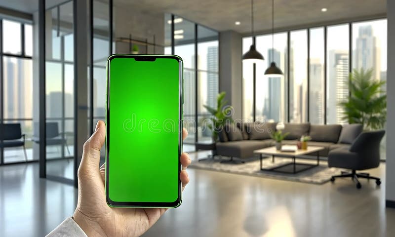 Modern Office Interior with a Smartphone Displaying a Green Screen ...