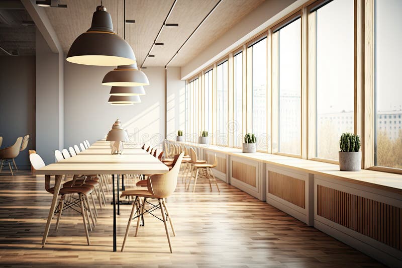 Modern Office Interior Space with Desk, Row of Computers, Documents ...