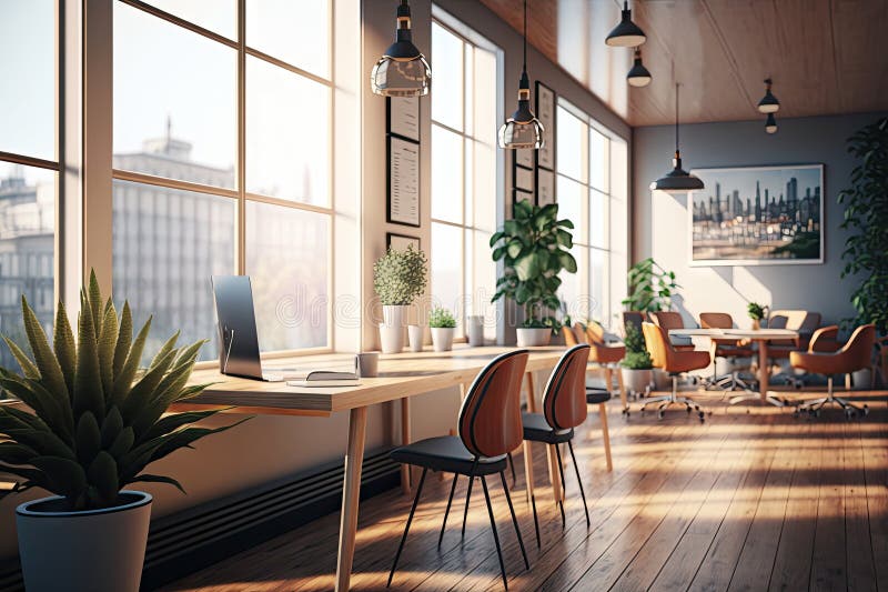 Modern Office Interior Space with Desk, Row of Computers, Documents ...