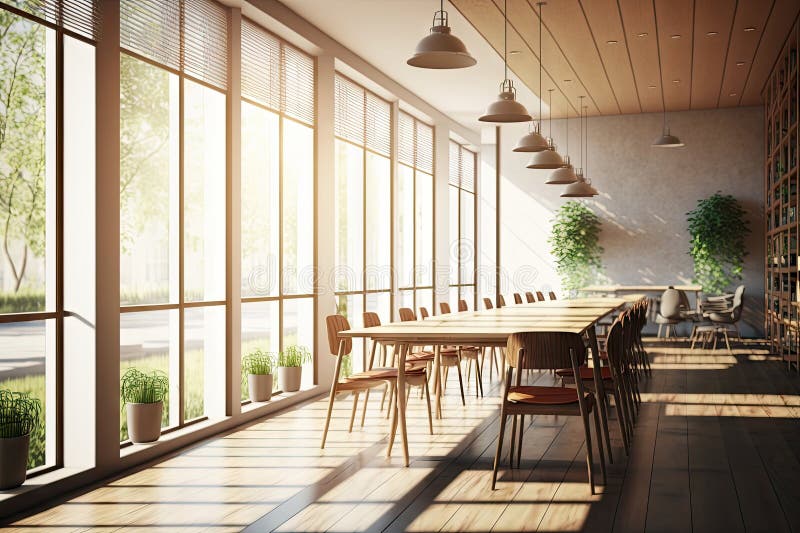 Modern Office Interior Space with Desk, Row of Computers, Documents ...