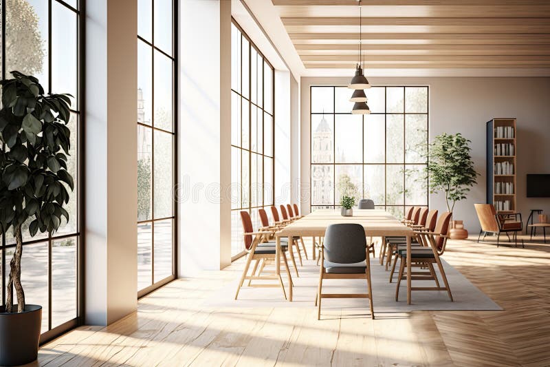 Modern Office Interior Space with Desk, Row of Computers, Documents ...