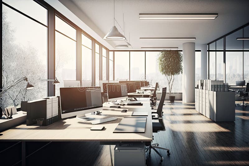 Modern Office Interior Space with Desk, Row of Computers, Documents ...