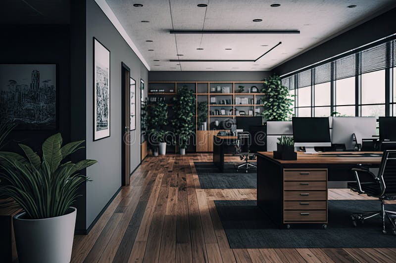 Modern Office Interior Space with Desk, Row of Computers, Documents ...